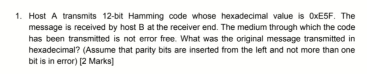 Solved 1. Host A transmits 12-bit Hamming code whose | Chegg.com