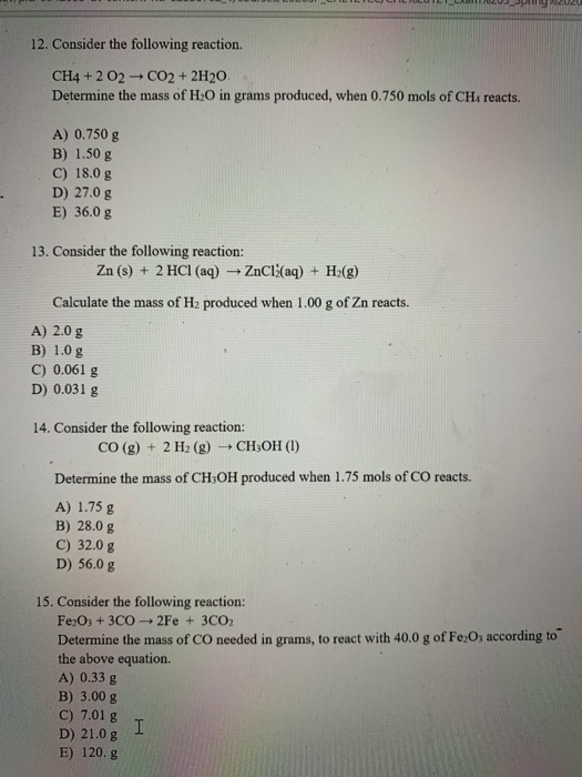 Solved 2020202U 12. Consider the following reaction. CH4 + 2 | Chegg.com