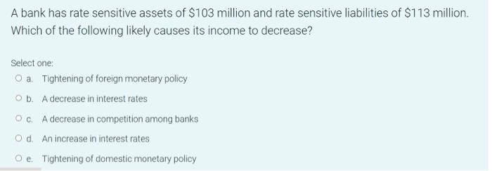 Solved A bank has rate sensitive assets of $103 million and | Chegg.com