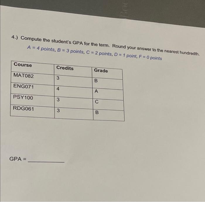 Solved 4.) Compute the student's GPA for the term. Round | Chegg.com