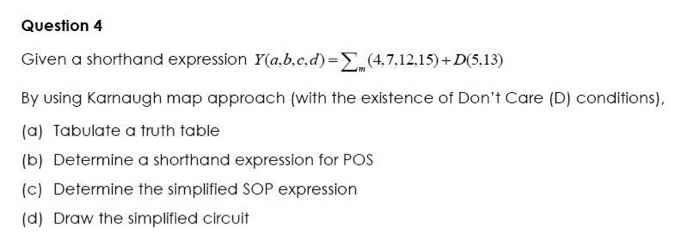 Solved Question 4 Given a shorthand expression Y(a.b.c,d)= | Chegg.com