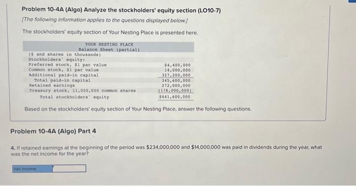 Solved Problem 10-4A (Algo) Analyze the stockholders' equity | Chegg.com
