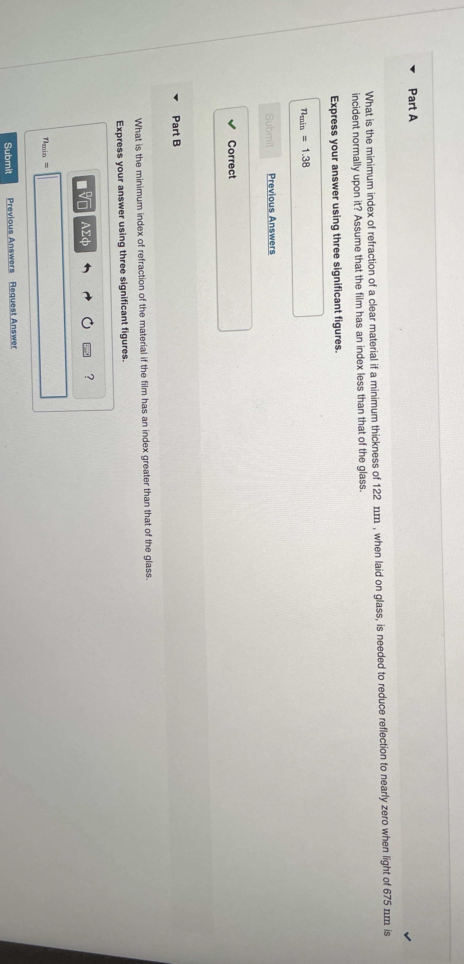 Solved Part AWhat is the minimum index of refraction of a | Chegg.com