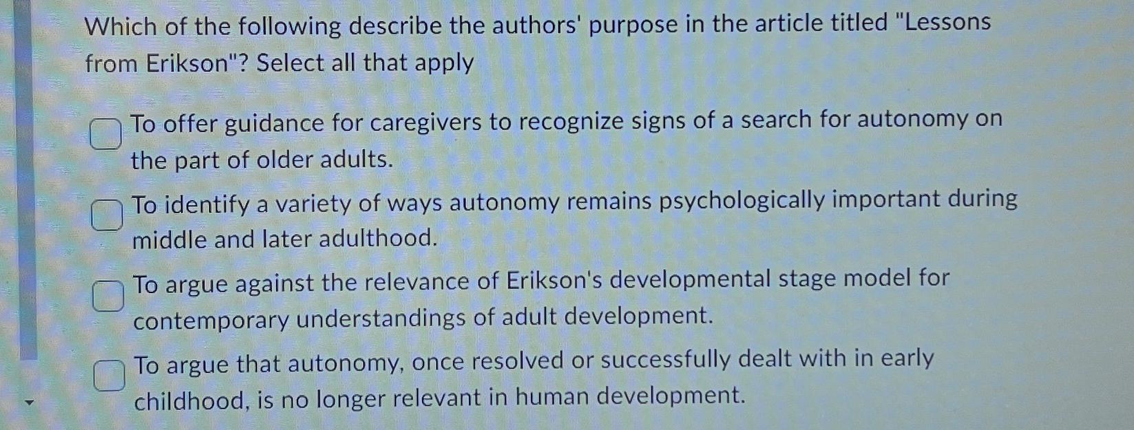 Solved Which of the following describe the authors' purpose | Chegg.com