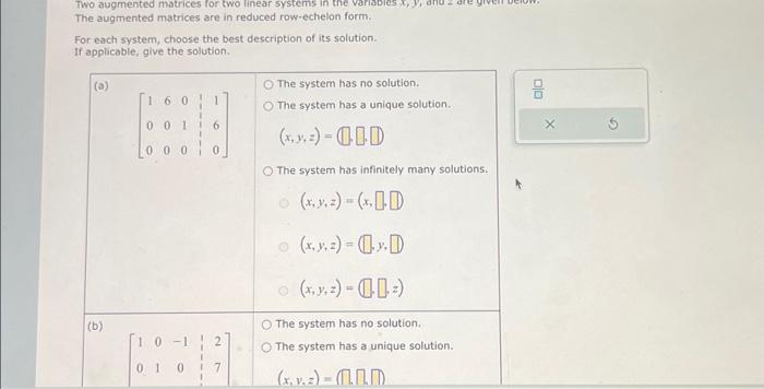 Solved Two augmented matrices for two linear systems in the | Chegg.com
