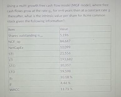 Solved Using a multi-growth free cash flow model (MGF | Chegg.com