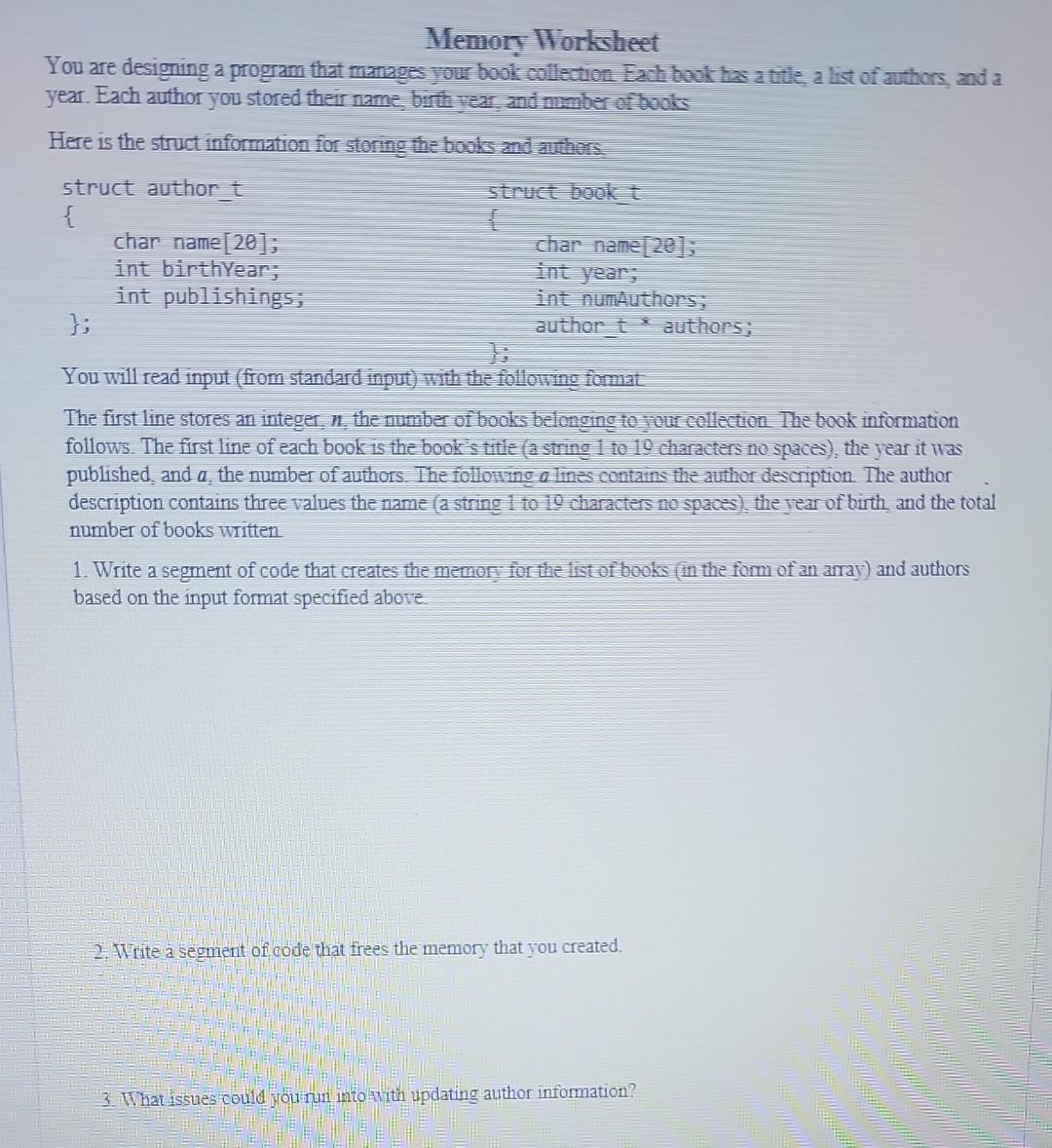 Solved Memory Worksheet You are designing a program that | Chegg.com