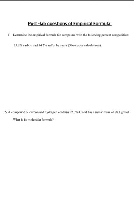 Solved Post -lab questions of Empirical Formula 1- Determine | Chegg.com