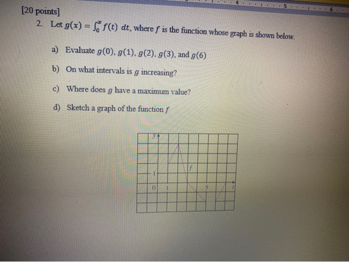 Solved 4 5 6 [20 points] 2. Let g(x) = f(t) dt, where f is | Chegg.com