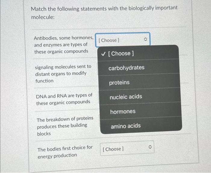 Solved Match the following statements with the biologically | Chegg.com