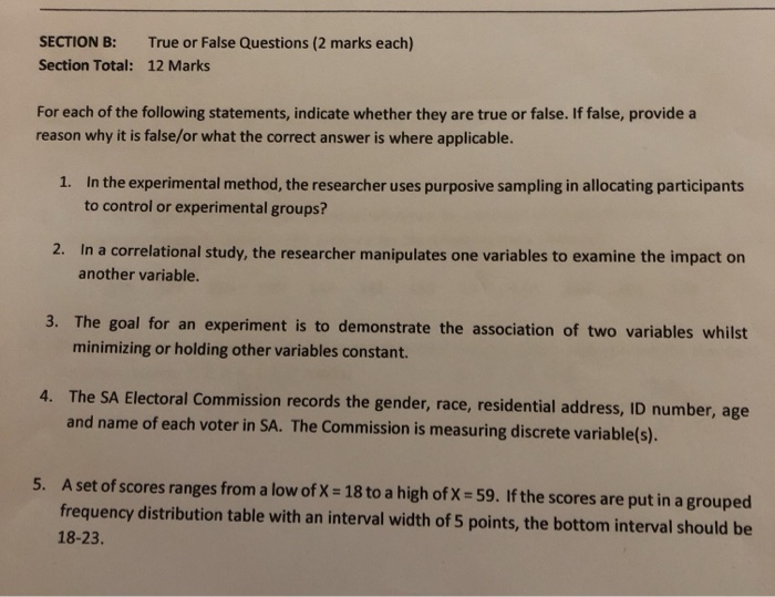 Solved SECTION B: True or False Questions (2 marks each) | Chegg.com