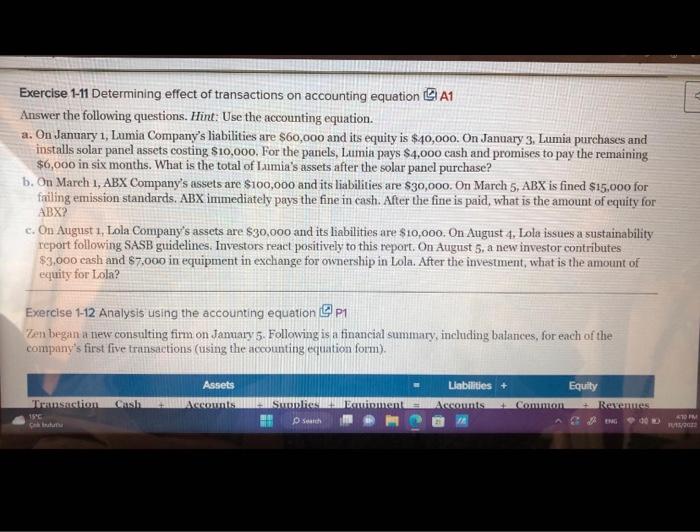 Solved Exercise 1-11 Determining effect of transactions on | Chegg.com
