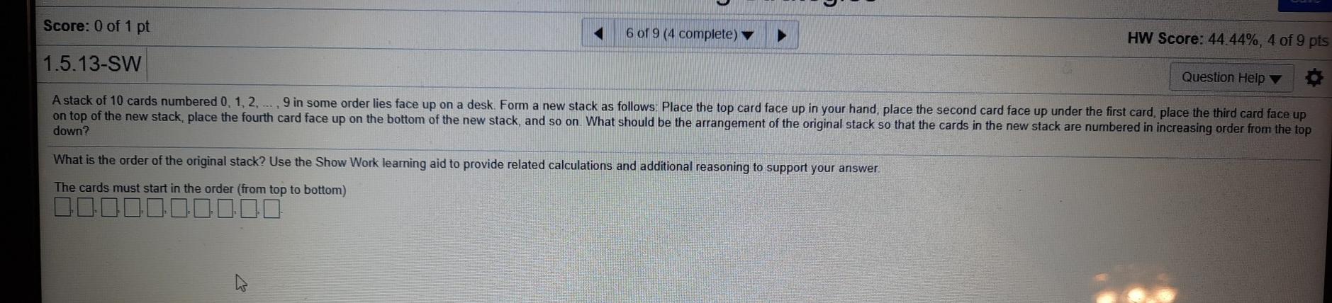 Solved A stack of 10 cards numbered 0,1,2,...,9 in some | Chegg.com