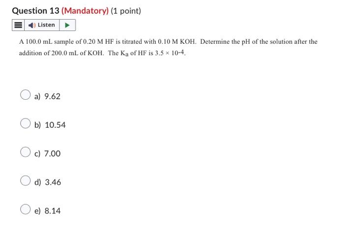 Solved A 100.0 mL sample of 0.20MHF is titrated with | Chegg.com