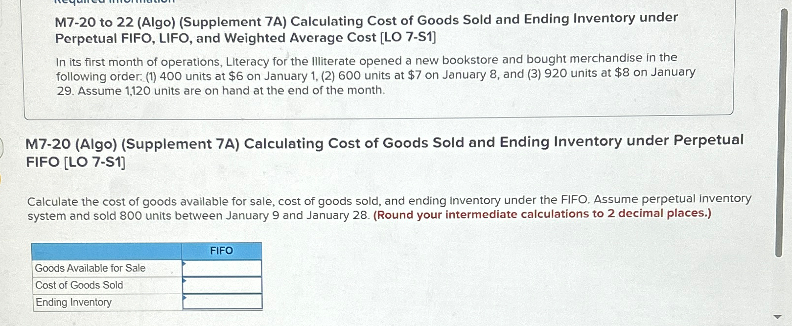 Solved M7-20 ﻿to 22 (Algo) (Supplement 7A) ﻿Calculating Cost | Chegg.com