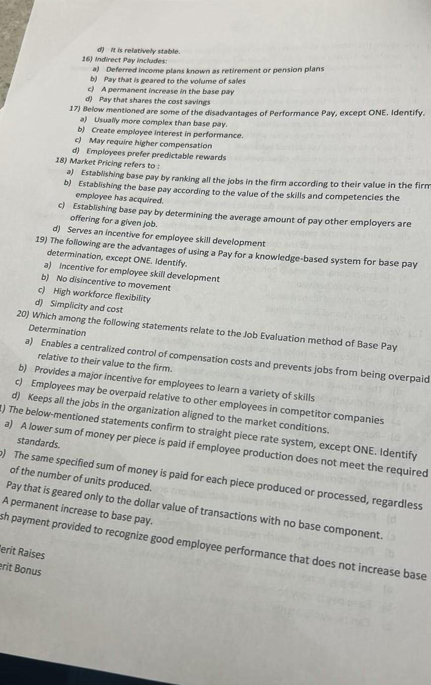 Solved d) It is relatively stable. 16) Indirect Pay | Chegg.com