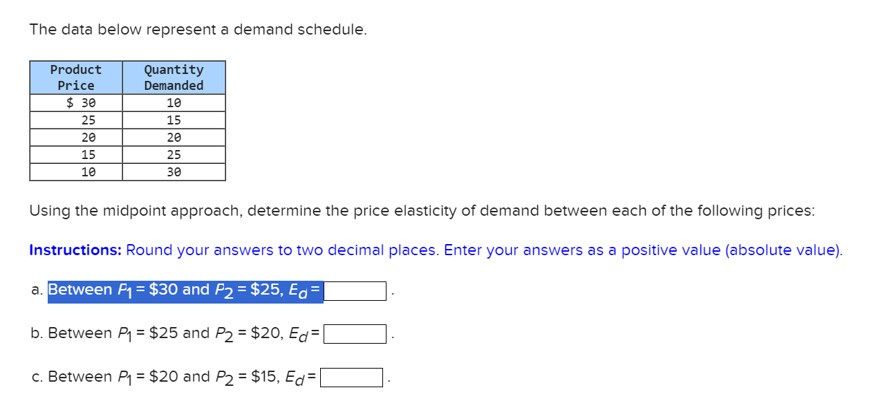 Solved The data below represent a demand schedule.Using the | Chegg.com