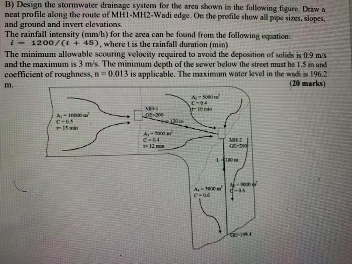 Solved B) Design the stormwater drainage system for the area | Chegg.com