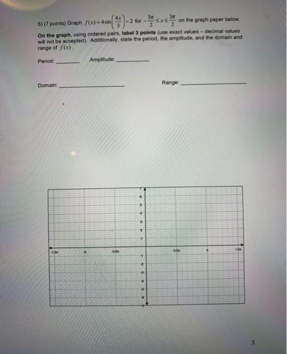 Solved 4x 3x 5) (7 points) Graph f(x) = 4sin - 2 for on the | Chegg.com