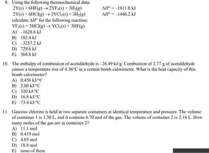 Solved 9. Using the following thermochemical data: 2Y(s) + | Chegg.com