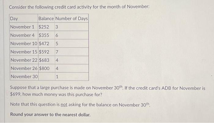 Solved Consider the following credit card activity for the | Chegg.com