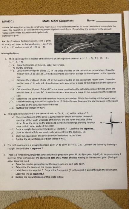 Solved MPM2D1 MATH MAZE Assignment Name: Use the following | Chegg.com