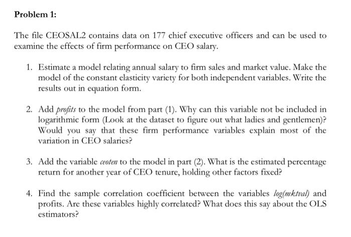 Solved The file CEOSAL2 contains data on 177 chief executive | Chegg.com