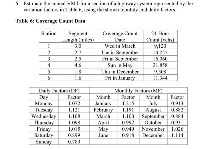 Solved 6. Estimate the annual VMT for a section of a highway | Chegg.com