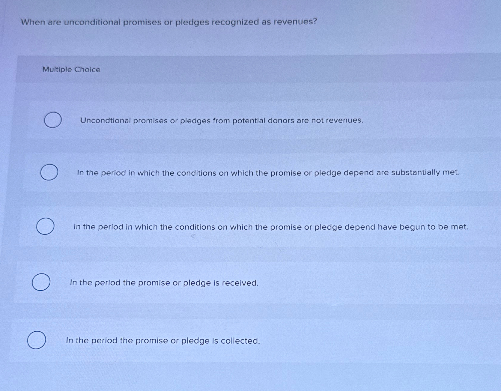 Solved When are unconditional promises or pledges recognized | Chegg.com