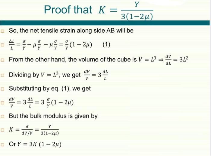 Solved = DI = E Y Proof that K 31-2u) The bulk modulus K = | Chegg.com