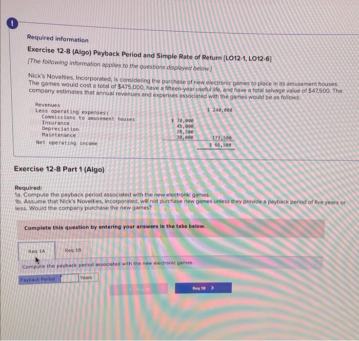Solved Required information Exercise 12-8 (Algo) Payback | Chegg.com