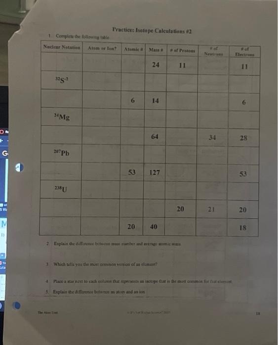 Solved G 5 W₂ M 1) Yo Ruta 4 1. Complete the following table | Chegg.com