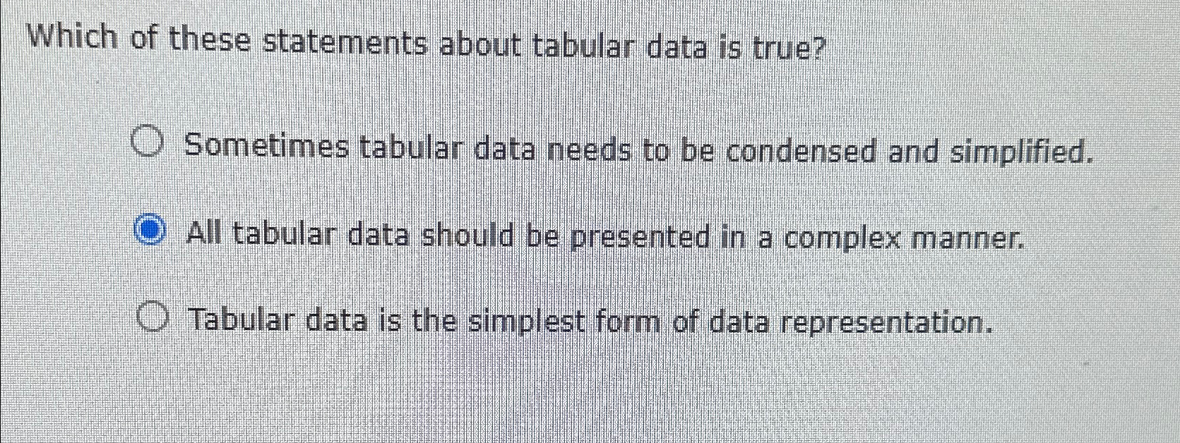 Solved Which of these statements about tabular data is | Chegg.com