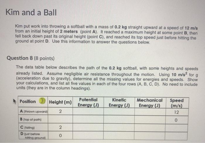 Solved Kim and a Ball Kim put work into throwing a softball | Chegg.com