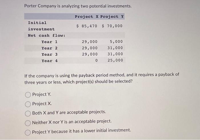 Solved Porter Company is analyzing two potential | Chegg.com