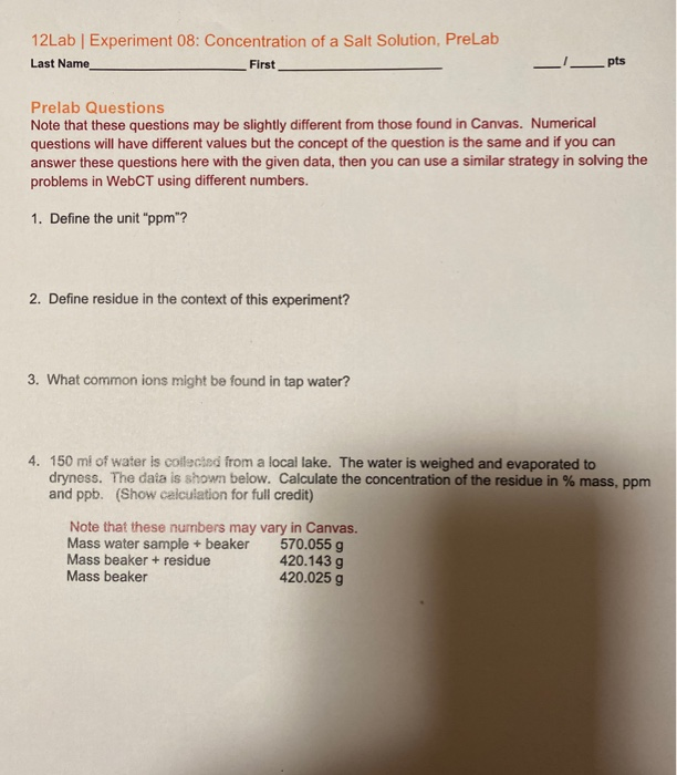 Solved 12Lab Experiment 08: Concentration of a Salt | Chegg.com