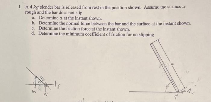 Solved 1. A 4 kg slender bar is released from rest in the | Chegg.com