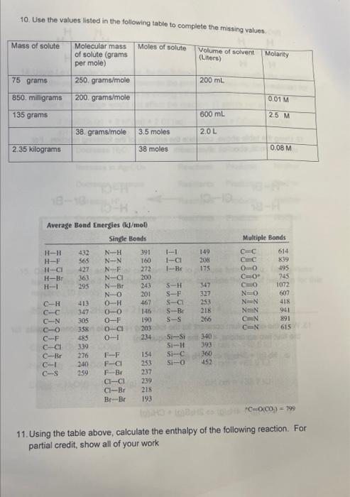 10. Use the values listed in the following table to | Chegg.com