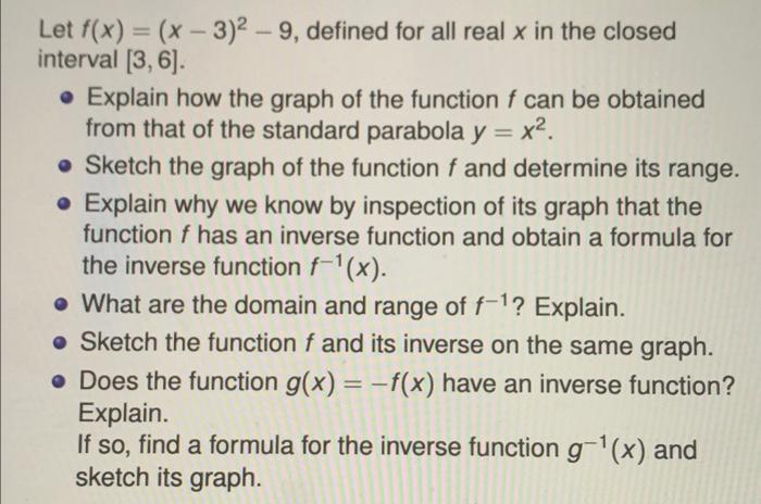 Solved Let f(x)=(x−3)2−9, defined for all real x in the | Chegg.com
