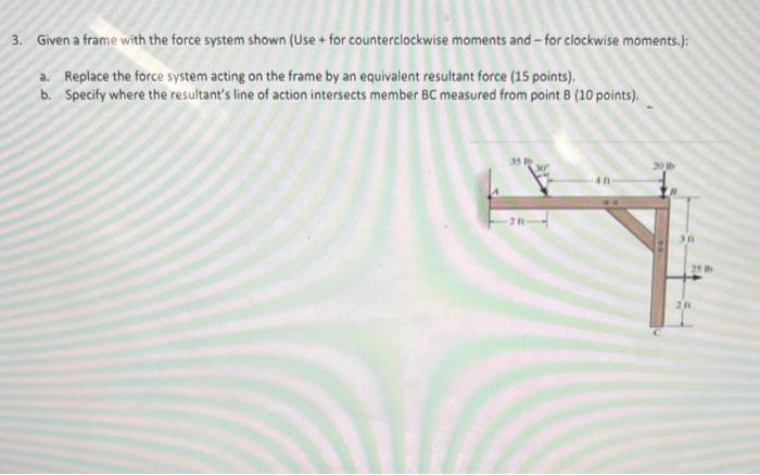 Solved 3. Given a frame with the force system shown (Use + | Chegg.com