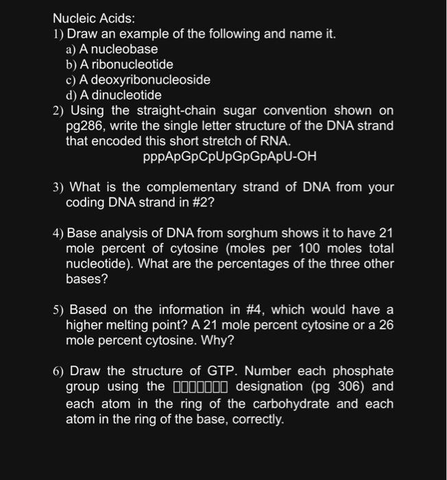 Solved Nucleic Acids: 1) Draw an example of the following | Chegg.com
