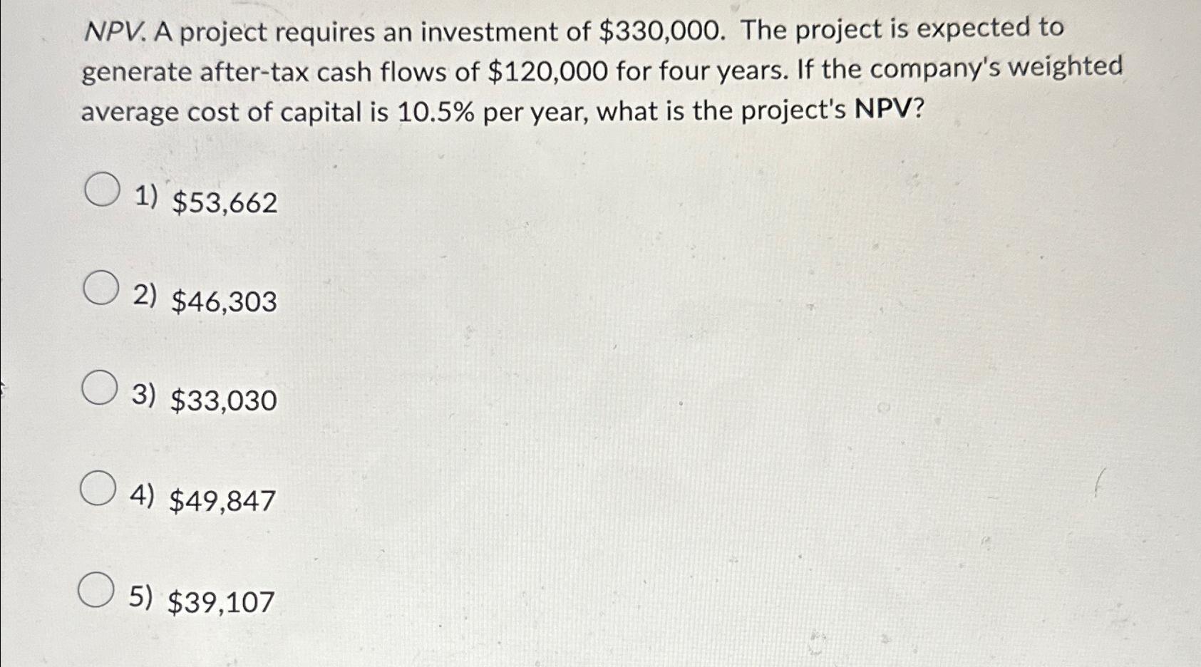 Solved NPV. ﻿A project requires an investment of $330,000. | Chegg.com
