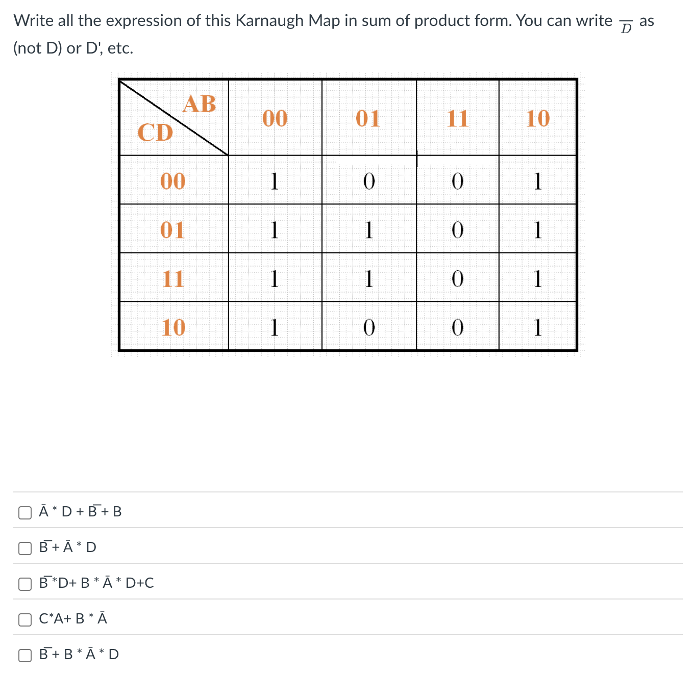 Write all the expression of this Karnaugh Map in sum | Chegg.com