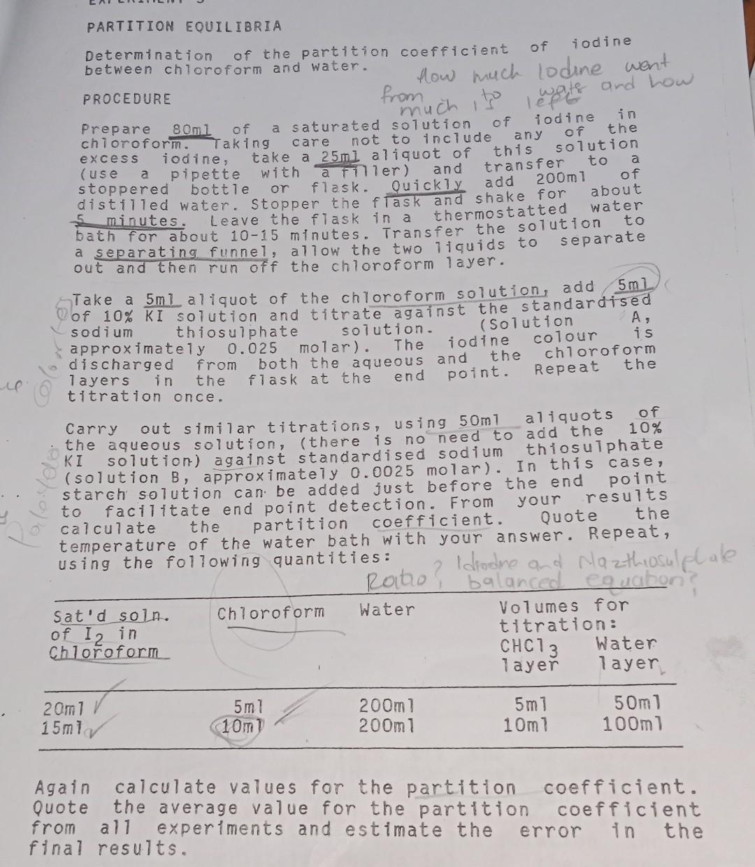 Calculate values for the partition coefficient.Quote | Chegg.com