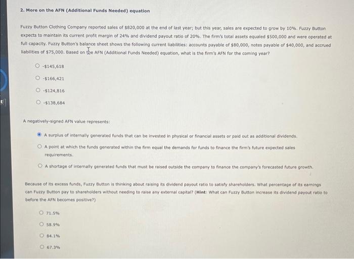 Solved 2. More on the AFN (Additional Funds Needed) equation | Chegg.com
