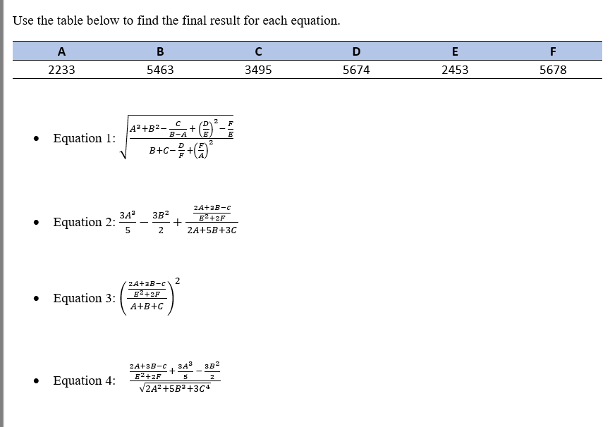 Solved Use the table below to find the final result for each | Chegg.com