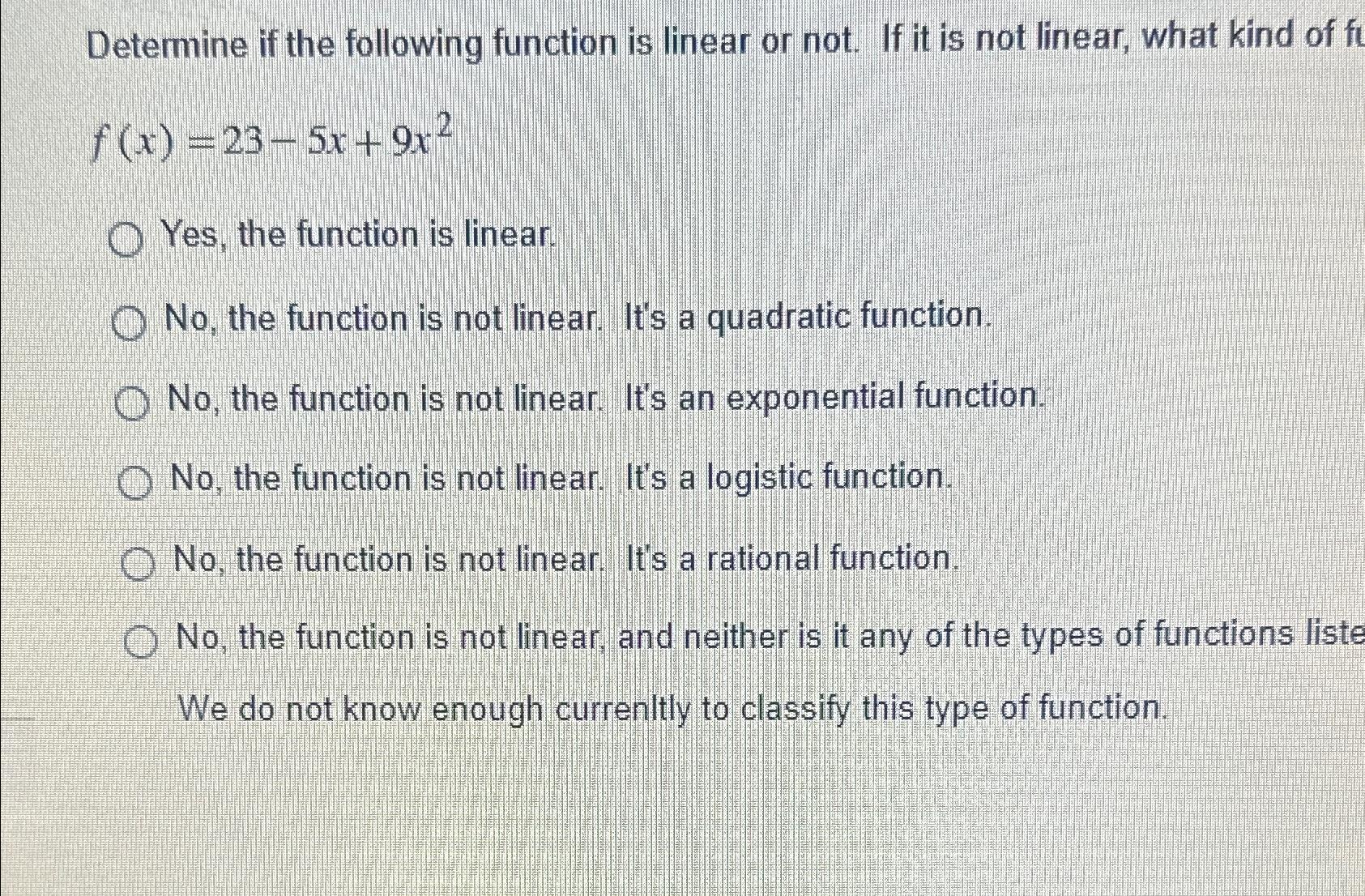 Solved Determine if the following function is linear or not. | Chegg.com