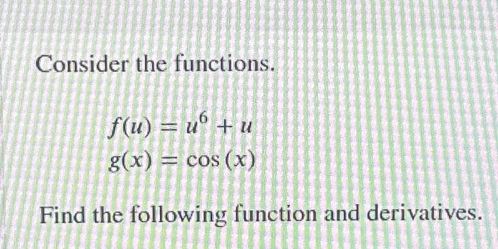 Solved Consider the functions. f(u)=u6+ug(x)=cos(x) Find the | Chegg.com