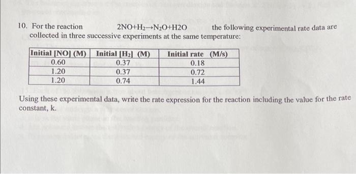Solved 10. For the reaction 2NO+H2→N2O+H2O the following | Chegg.com