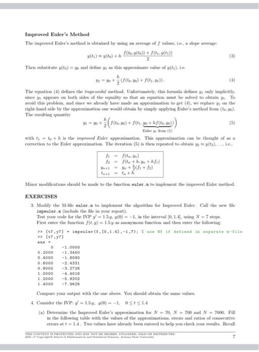 MAT 275 Laboratory 3 Numerical Solutions by Euler and | Chegg.com